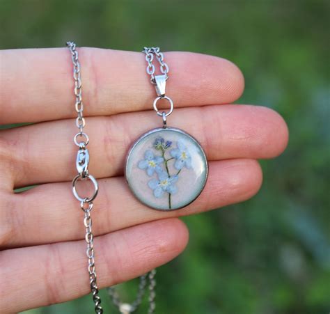 Forget Me Not Necklace Real Flower Jewelry Resin Blue Etsy