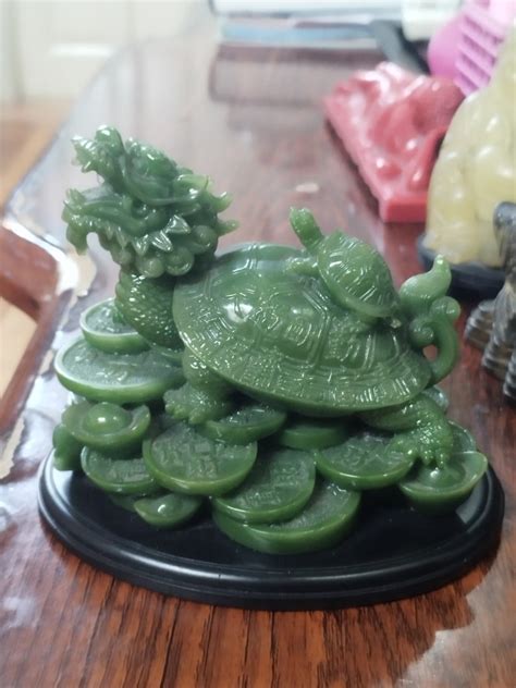 Jade Feng Shui Dragon Turtle Tortoise Statue Figurine Coin Money Wealth