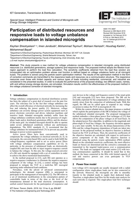 Pdf Participation Of Distributed Resources And Responsive Loads To Voltage Unbalance