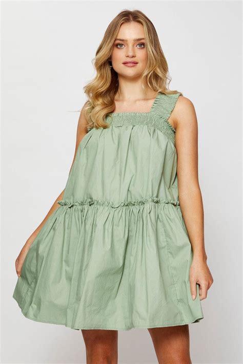 Womens Green Mini Dress Sleeveless Square Neck Ally Fashion