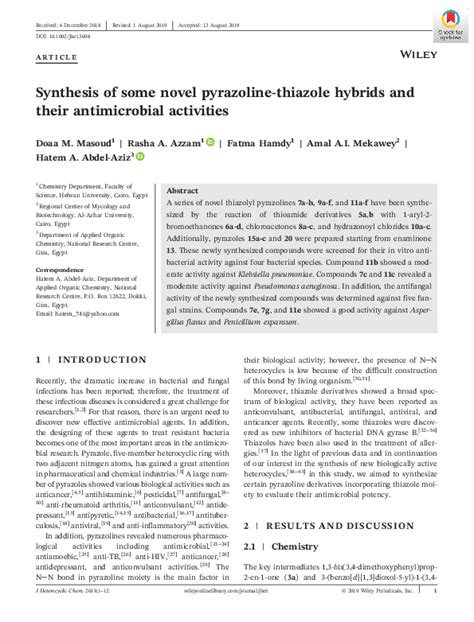 Pdf Synthesis Of Some Novel Pyrazoline‐thiazole Hybrids And Their Antimicrobial Activities