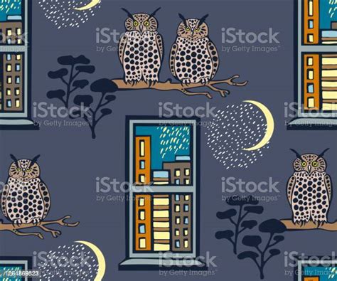 풍경과 올빼미와 벡터 평면 창 손으로 그린 잉크 그림 현대 장식 장식 배경 벡터 패턴입니다 직물 천 벽지 스크랩북인쇄 0명에 대한 스톡 벡터 아트 및 기타 이미지 Istock