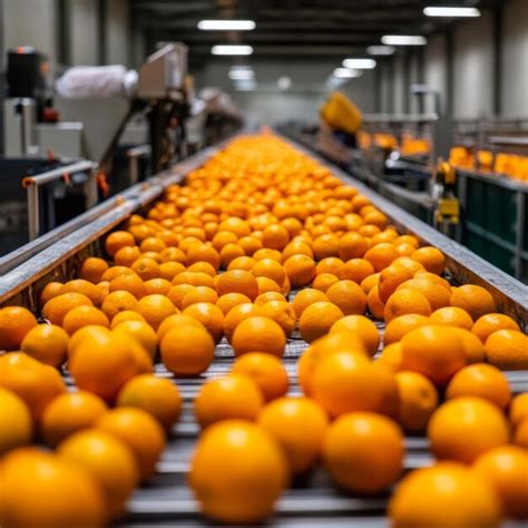 A Conveyor Belt Full Of Oranges Moving Through A Food Processing Facility Premium Ai Generated