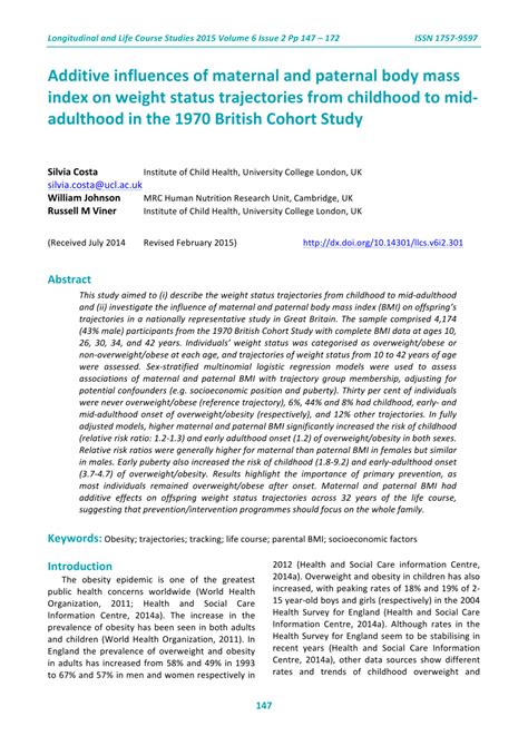 Pdf Additive Influences Of Maternal And Paternal Body Mass Index On Weight Status Trajectories