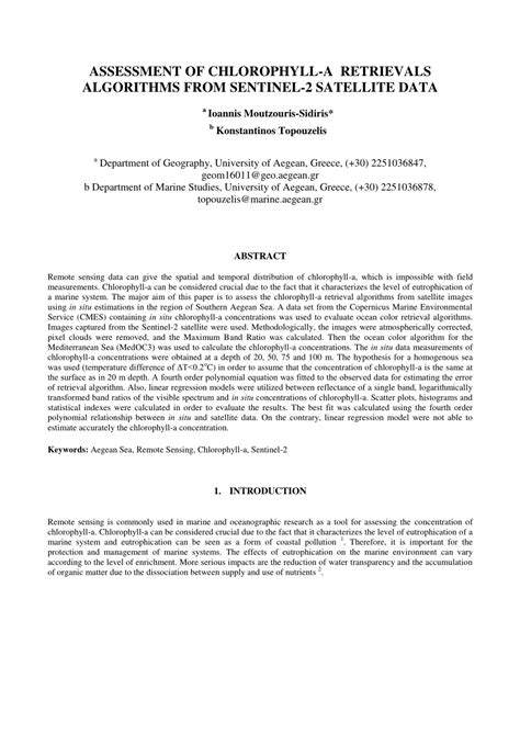 Pdf Assessment Of Chlorophyll A Retrievals Algorithms From Sentinel 2 Satellite Data