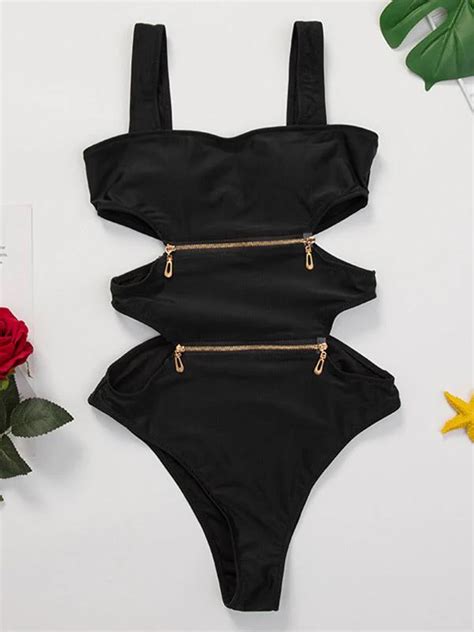 Zipper Hollow One Piece Swimwear