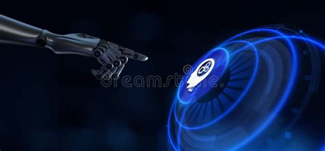 machine learning artificial intelligence neural network robot hand pressing button 3d render