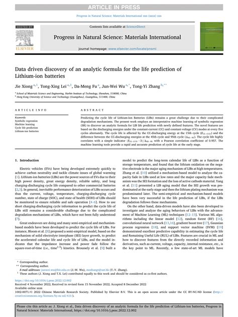 Pdf Data Driven Discovery Of An Analytic Formula For The Life Prediction Of Lithium Ion Batteries