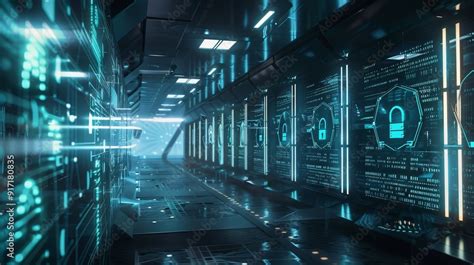 Futuristic Data Center With Advanced Cybersecurity Measures Showcasing Digital Locks And Secure