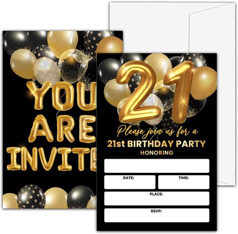 21th Birthday Invitations With Envelopes Black Gold