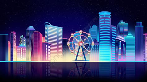 원래 손으로 그린 그림 네온 일러스트 스카이 라인 도시 건물 야경 네온 스카이 라인 네온 빛 일러스트 Pngtree 로열티 무료