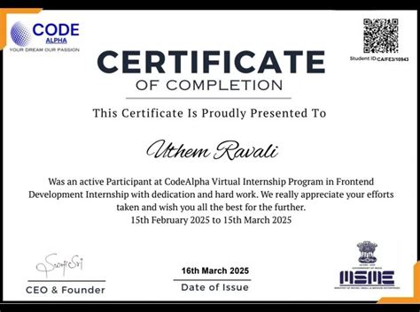 Internship Completion Certificate Domain Frontend Development