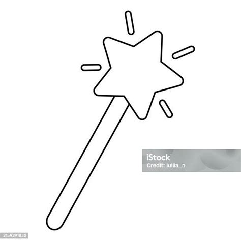 상단에 반짝이는 별이 있는 마술 지팡이 색칠하기 책을 위한 낙서 스타일 평면 벡터 윤곽선 0명에 대한 스톡 벡터 아트 및 기타 이미지 0명 가지 식물 부위 검은색
