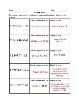 Adding Decimals Worksheet Correct The Error By Emily Hulse TPT