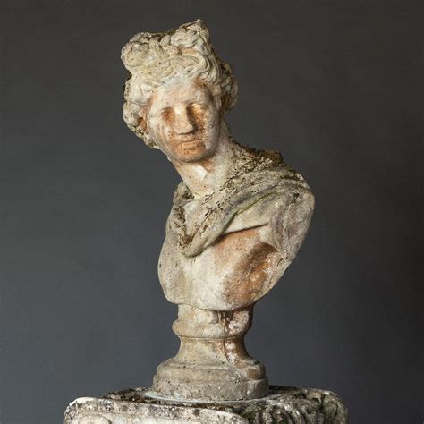 Large Classical Bust On Ionic Column Pedestal Weathered Garden Statue
