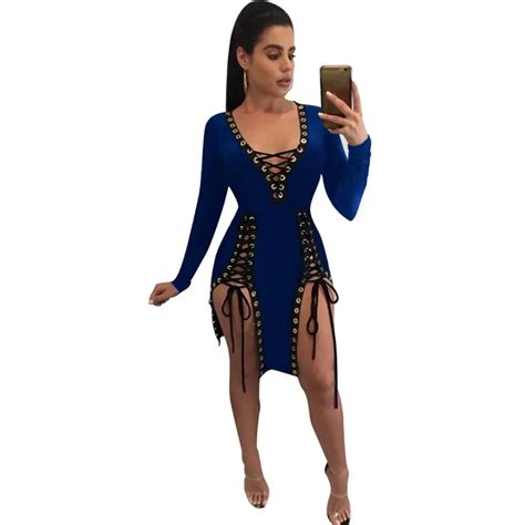 Gothic Sexy Bodycon Dress Women Black Deep V Lace Up Slim Hollow Out
