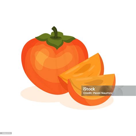 전체 감 그리고 두 조각입니다 달 콤 하 고 맛 있는 과일입니다 자연 하 고 건강 한 음식입니다 제품 포장에 대 한 평면 벡터