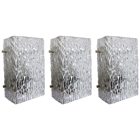 Beautiful Set Of Three German Vintage Glass And Brass Wall Lights