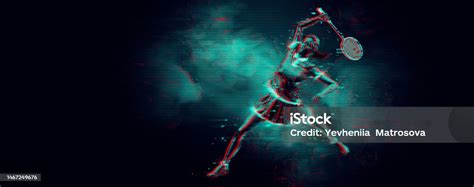 검은 배경에 배드민턴 선수의 추상적인 실루엣 배드민턴 선수 여자가 셔틀콕을 때린다 3차원 형태에 대한 스톡 사진 및 기타 이미지 3차원 형태 Championship