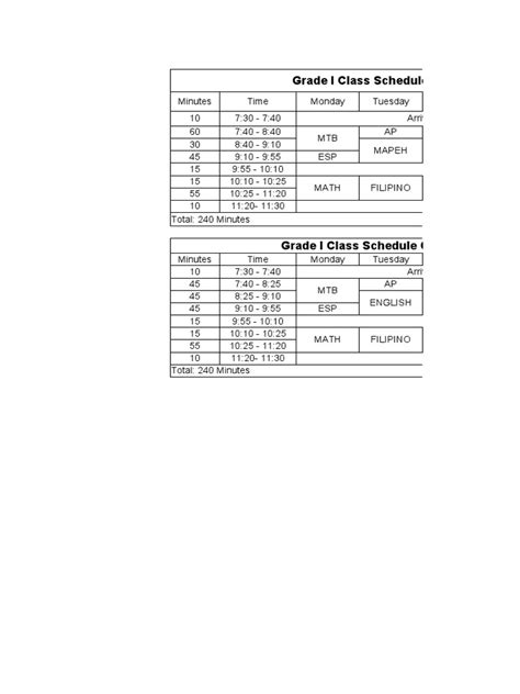 Grade 1 Class Schedule By Quarter Pdf
