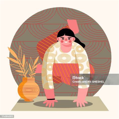 일본 여성은 집에서 훈련하고 건강한 몸을 위해 곡예 동작을 수행합니다 건강한 생활방식에 대한 스톡 벡터 아트 및 기타 이미지