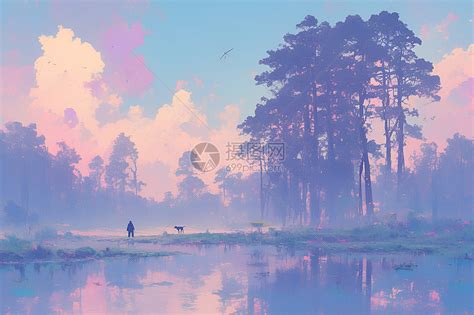 湖边散步的人和狗插画图片下载 正版图片601090831 摄图网