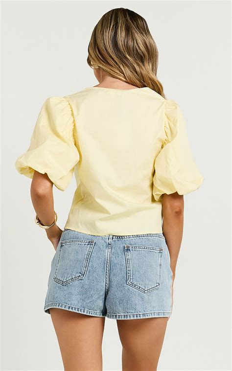 Dana Top Bow Tie Front Puff Sleeve Blouse In Lemon Showpo Usa