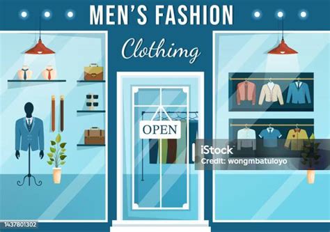 부티크 실내 또는 옷가게에서 세련된 남자의 패션 남자와 의상은 평평한 만화 손으로 그린 템플릿 일러스트레이션에서 쇼핑을 합니다 세일에 대한 스톡 벡터 아트 및 기타 이미지