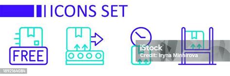 세트 라인 창고 인테리어 상자 골 판지 시계 컨베이어 벨트 및 무료 기호 아이콘 벡터 공장 산업 건물에 대한 스톡 벡터 아트 및 기타 이미지 공장 산업 건물 교통