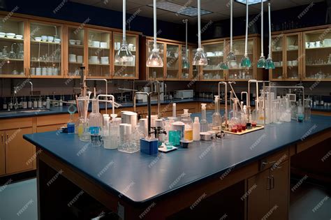 Premium Ai Image A Science Lab With Beakers Flasks And Test Tubes In