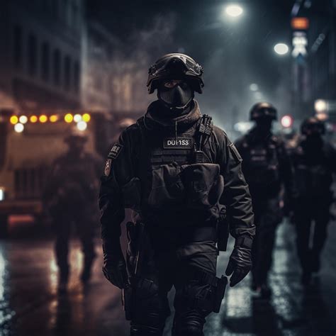 Um policial uniforme militar caminha pela rua à noite Foto Premium