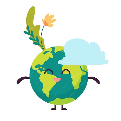 귀여운 지구 행성 행복 벡터 문자 플랫 웃는 아이 행성 에코 개념 구름과 꽃 프리미엄 벡터