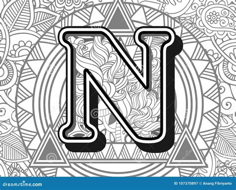 Zentangle Stylized Alphabet Letter N Black And White Hand Drawn Doodle