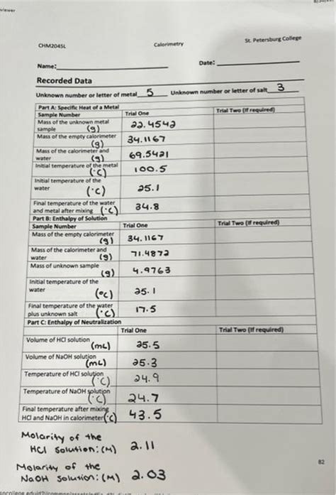 Solved Molarity Of The Hcl Solution M 2 11 Molarity Of
