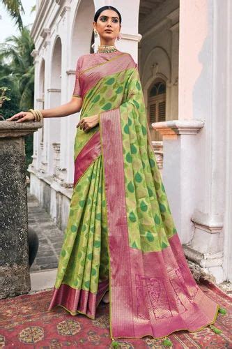 Admyrin Bright Beautiful Green Organza Woven Saree With Blouse Piece