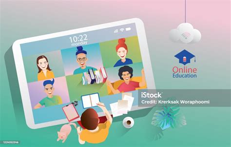 화상 회의 착륙 태블릿 화면에서 동료와 함께 복용하는 사람 상단 보기 화상 회의 및 온라인 교육 작업 공간 남자와 여자