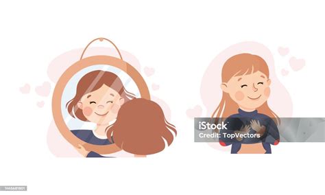 행복한 아이들은 자신을 사랑합니다 가슴에 손을 얹고 거울을 보는 소녀들 자기 사랑 수용 자기 관리 행복 개념 만화 벡터 일러스트 레이 션 감정에 대한 스톡 벡터 아트 및