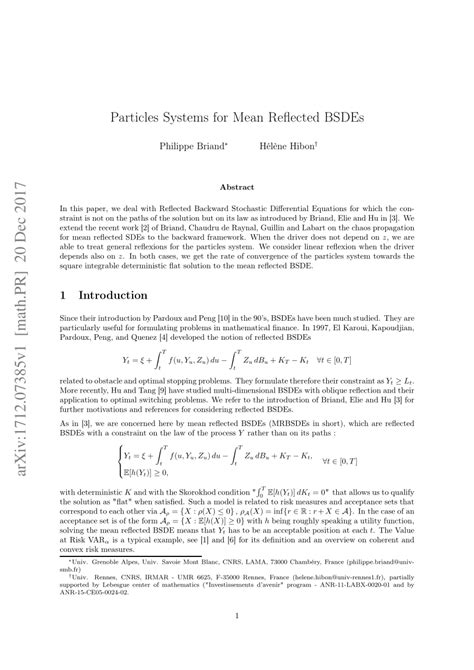 Pdf Particles Systems For Mean Reflected Bsdes