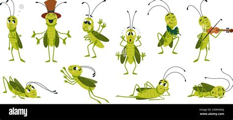 Cartoon Grasshopper Isolated Grasshoppers In Different Poses And Emotions Funny Green Insects