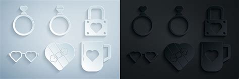 하트 모양의 상자 자물쇠 하트 러브 안경 커피 컵 다이아몬드 약혼 반지 및 결혼 반지 아이콘에 사탕을 설정합니다 벡터 3차원 형태에 대한 스톡 벡터 아트 및 기타 이미지