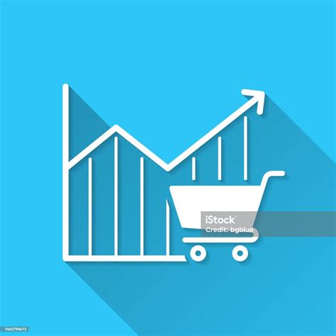 장바구니로 성장하는 그래프 파란색 배경에 아이콘 긴 그림자가 있는 평면 디자인 3차원 형태에 대한 스톡 벡터 아트 및 기타