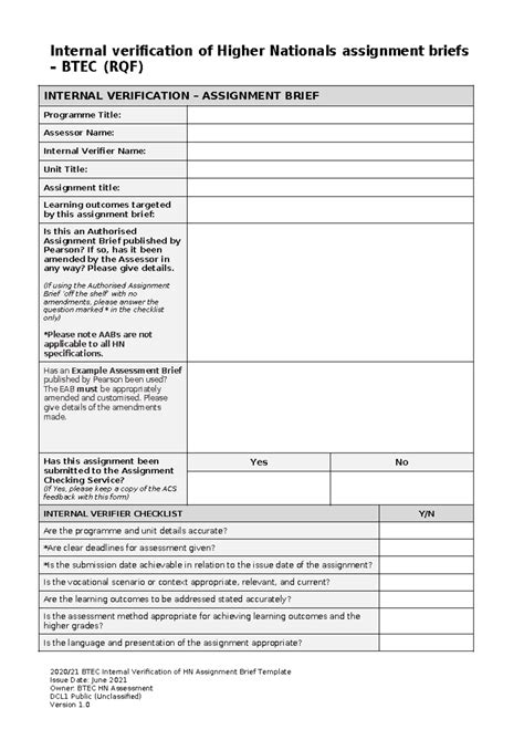 2021 Btec Hn Iv Assignment Brief Template Internal Verification Of Higher Nationals Assignment