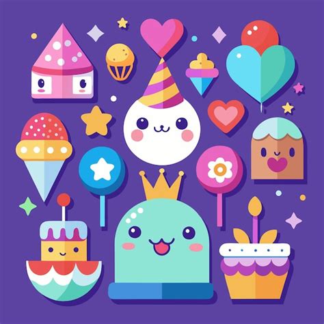 Colorful Cartoon Birthday Characters With Cake Ice Cream Candy Stars And A Balloon Premium Ai