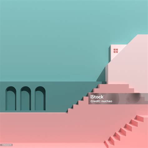 계단과 아치 파스텔 색상 배경 프리젠 테이션 그늘과 그림자에 주택 건축 건물의 최소 스타일 3d 렌더링 0명에 대한 스톡 사진