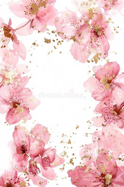 A Watercolor Painting Of Pink Flowers With Gold Accents The Flowers
