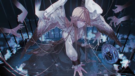 Обои на рабочий стол К девушке с крыльями за спиной сидящей в клетке тянутся руки обои для