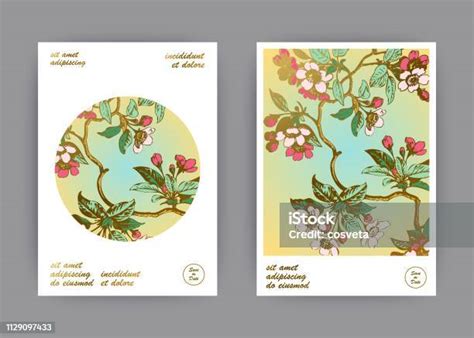 식물 결혼식 초대 카드 템플릿 디자인 손으로 그린 사쿠라 꽃과 분기 녹색 금 원 배경 복고풍 파스텔 컬러 벡터 일러스트 레이 션에 빈티지 농촌 벚꽃 잎 0명에 대한 스톡