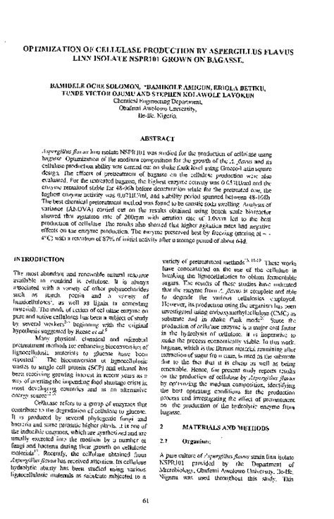 Pdf Optimization Of Cellulase Production By Aspergillus Flavus Linn