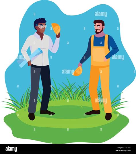 Interracial Male Builders Constructors On The Lawn Vector Illustration