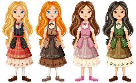 Chicas Encantadoras Con Vestidos Tradicionales Vector Premium